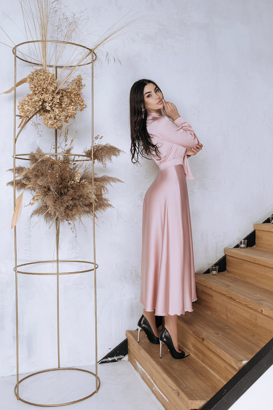 Dusty Pink Silk Midi Dress Silk Modest Dress for Women Light | Etsy