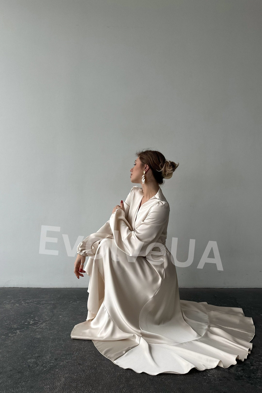 Ivory Silk Wrap Dress, Silk Wrap Midi Dress, Elegant Silk Long Sleeve ...