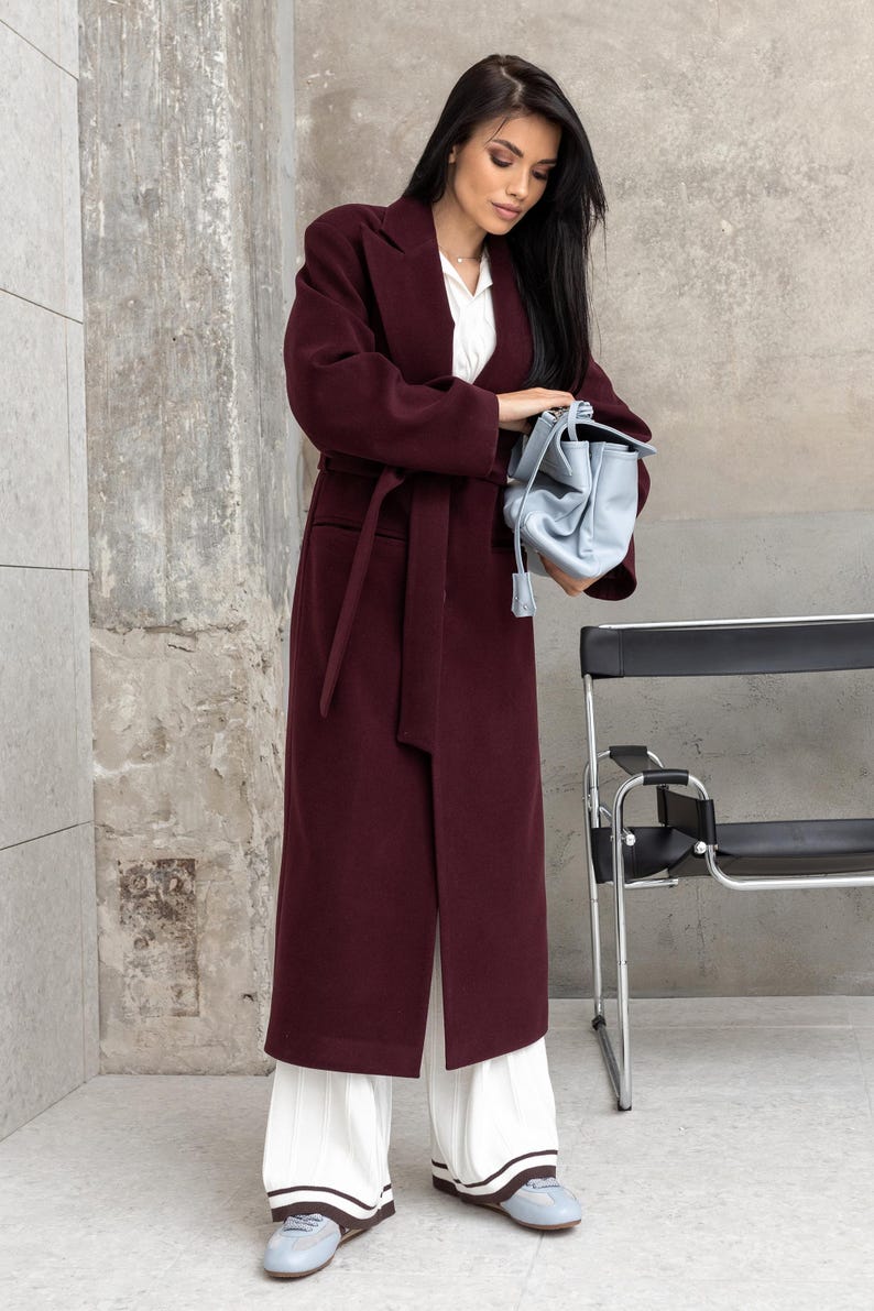 Burgundy Belted Wool Wrap Coat for Women With Notched Lapel - Etsy UK