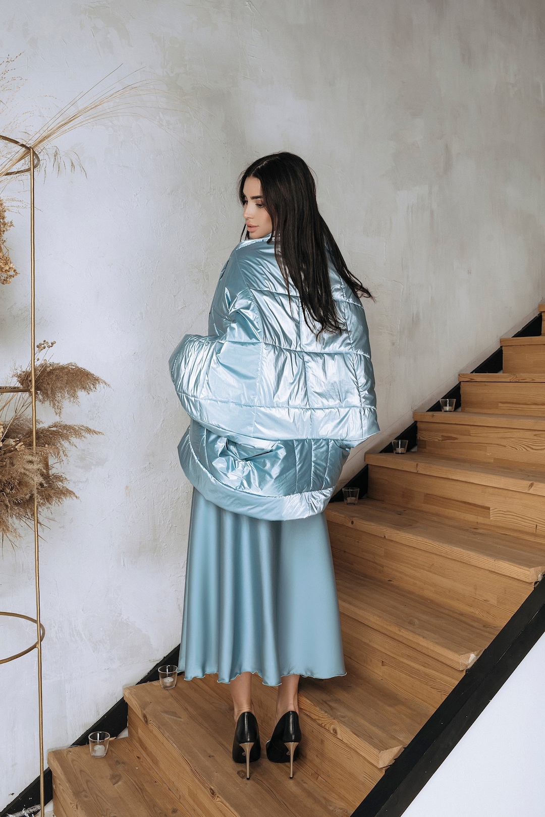 Light Blue Puffer Coat for Women, Blue Wrap Puffer Jacket Womens, Light ...