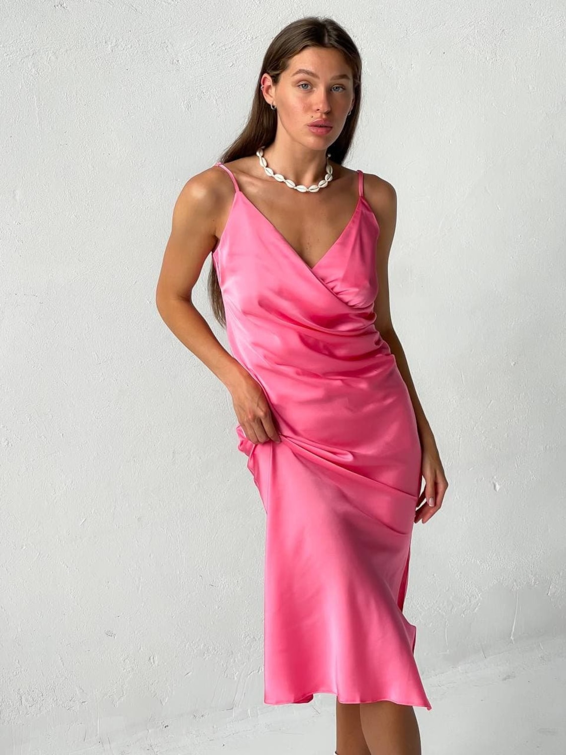 Pink Silk Slip Dress Midi Pink Bridesmaids Silk Dress Wedding | Etsy
