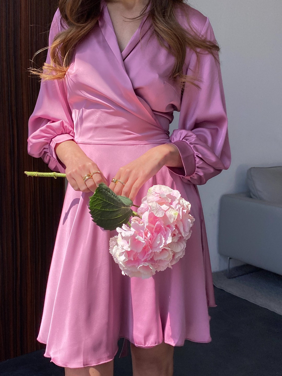 Pink Silk Wrap Dress, Pink Silk Mini Dress Wrap Style, Birthday Women ...