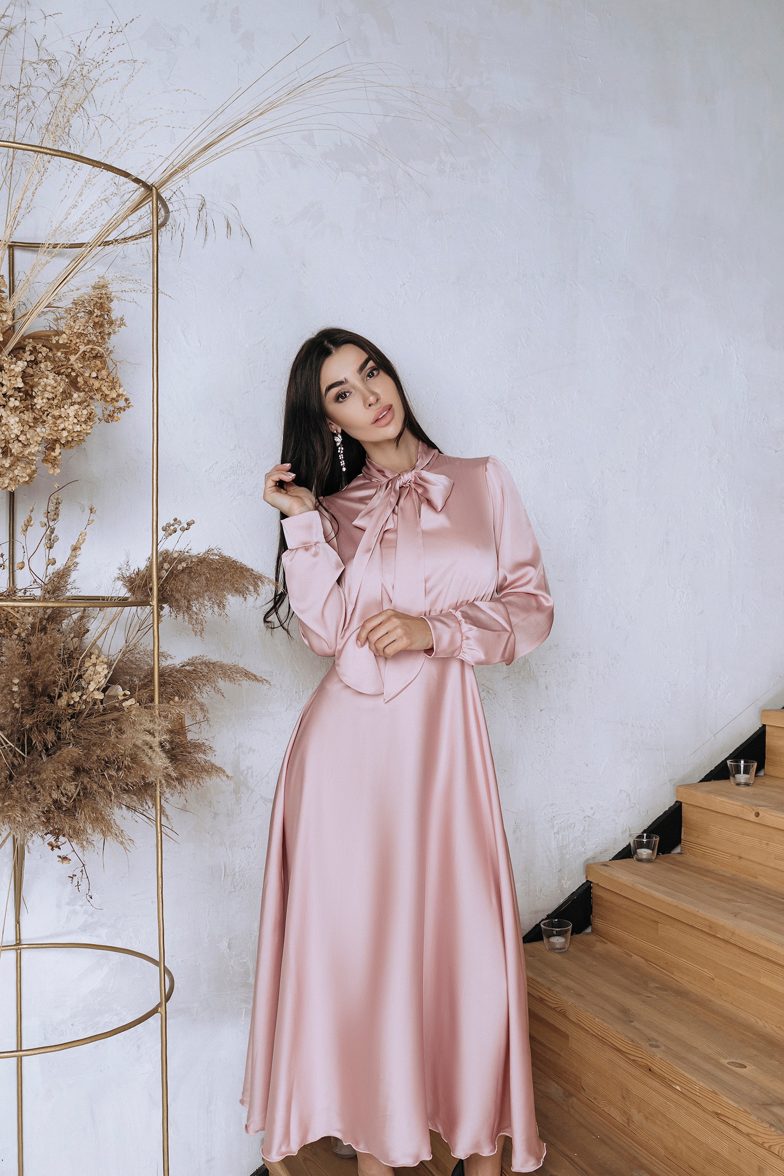 Dusty Pink Silk Midi Dress Silk Modest Dress for Women Light - Etsy