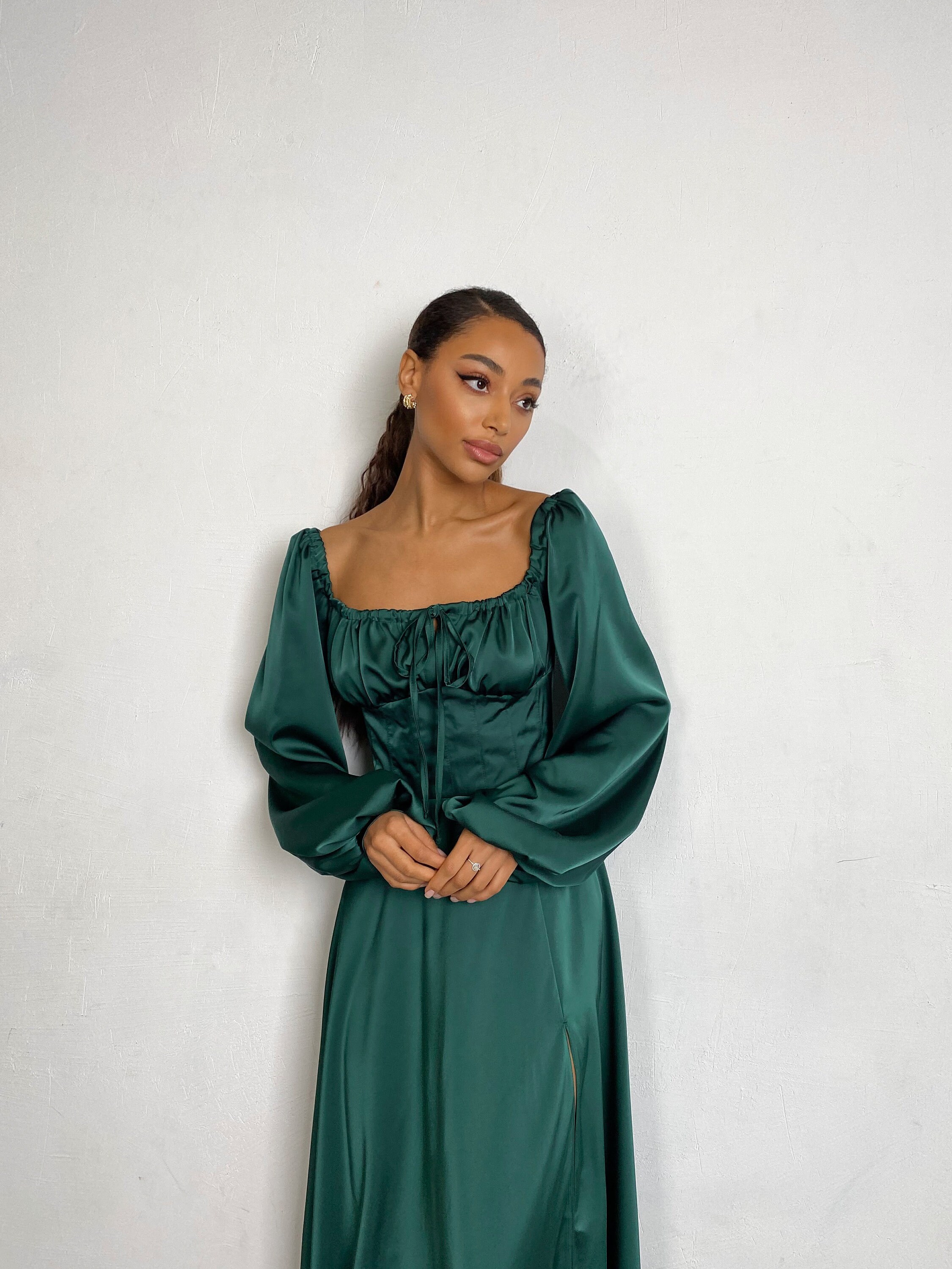 Emerald Green Silk Maxi Dress With Side Slit and Bishop - Etsy UK