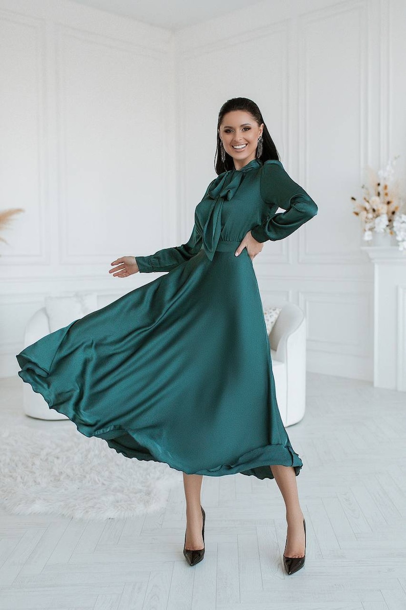 Emerald Green Silk Midi Dress Silk Modest Dress for Women - Etsy UK