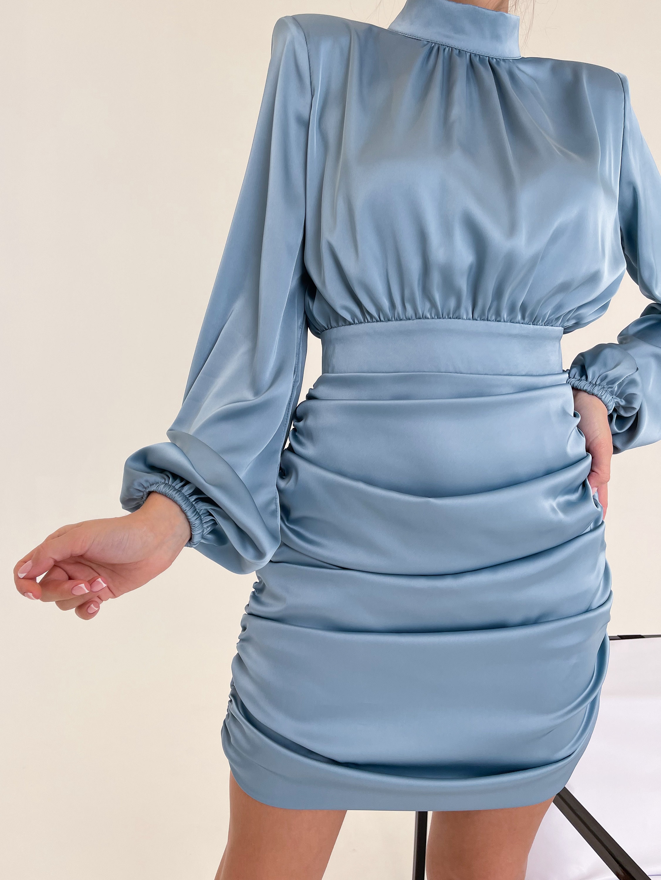 Silk Satin Mini Dress With Long Sleeves Blue Silk Mini Dress - Etsy