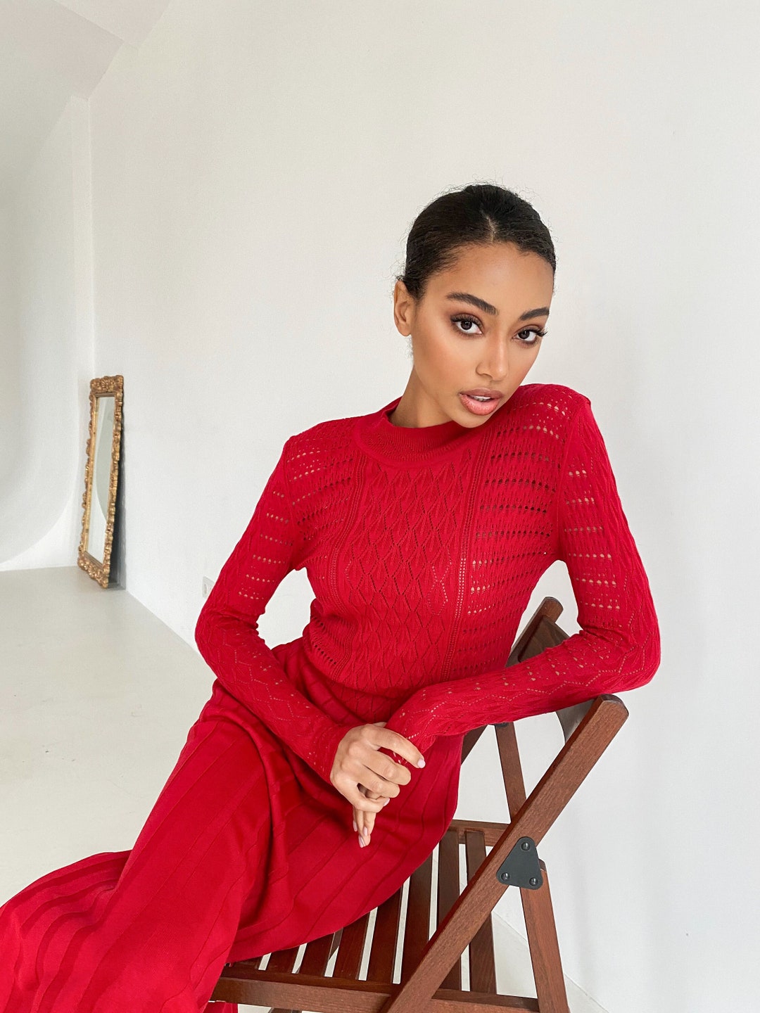 Red Midi Hollow Out Dress With Pleated Skirt, Cherry Red Knit Modest ...