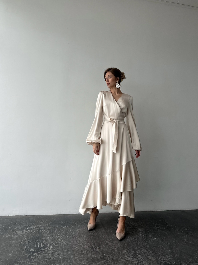 Ivory Silk Satin True Wrap Maxi Dress Long Sleeves for Courthouse ...
