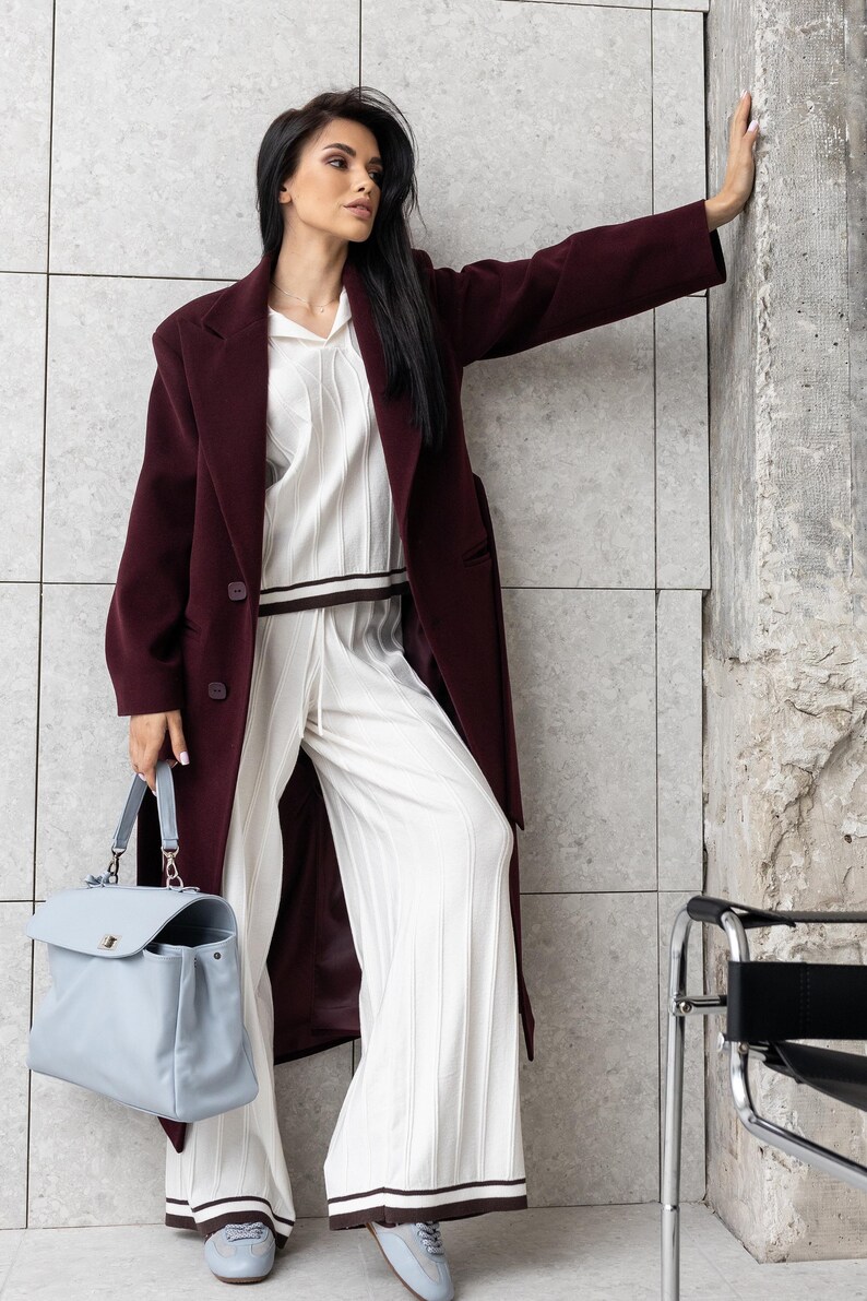 Burgundy Belted Wool Wrap Coat for Women With Notched Lapel - Etsy UK
