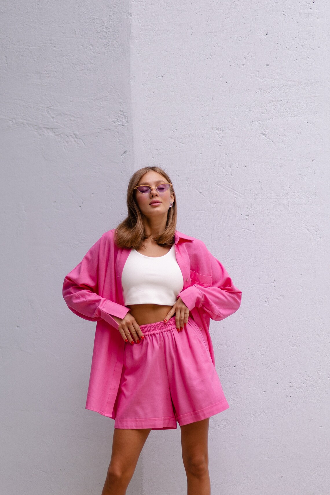 Hot Pink Linen Suit With High Waist Shorts and Long Sleeve - Etsy