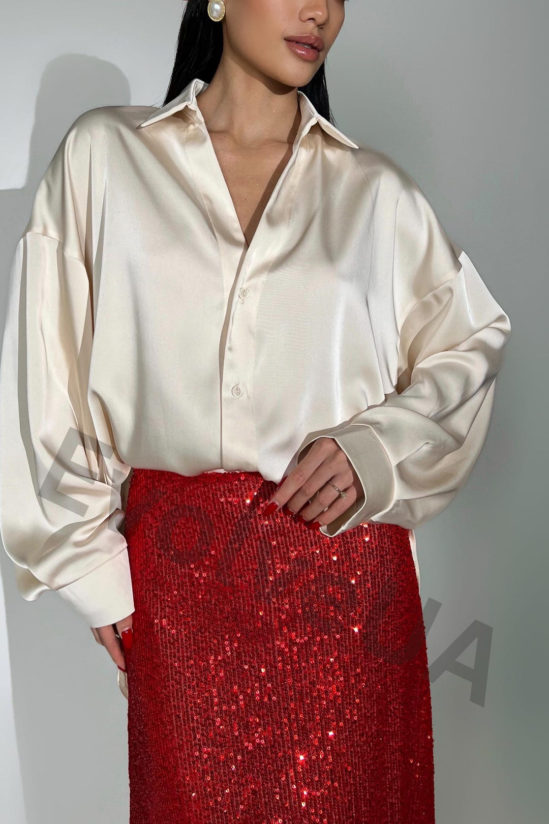 Ivory Silk Blouse With Long Sleeves, Champagne Silk Classy Collared ...