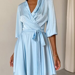 Light Blue Silk Wrap Dress for Women, Short Silk Wrap Dress With ...