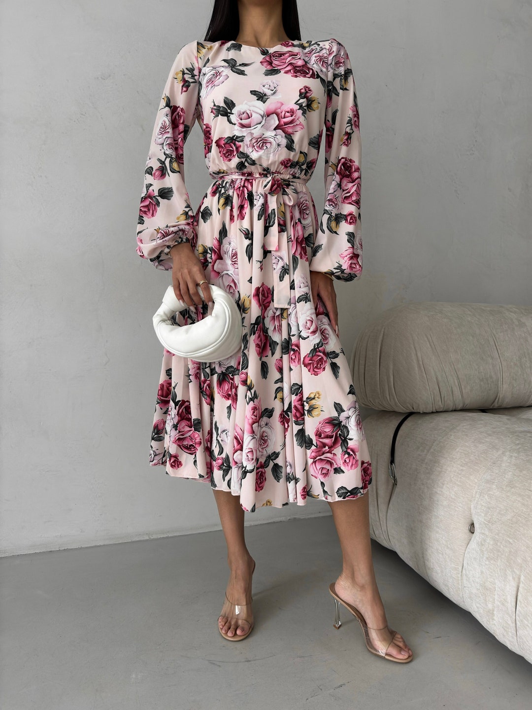 Floral Midi Dress for Spring, Floral Midi Long Sleeve Chiffon Dress for ...