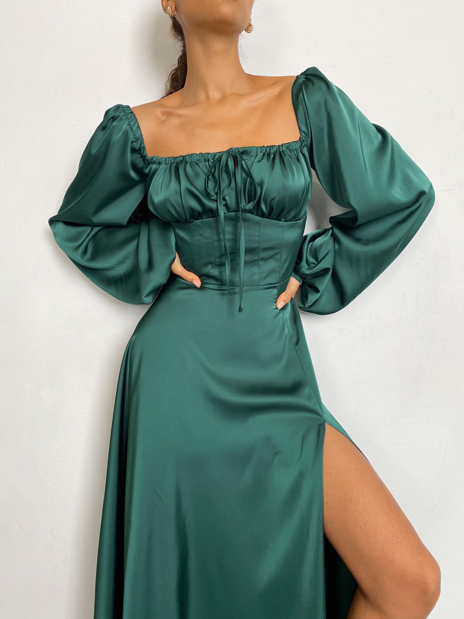 Emerald Green Silk Maxi Dress With Side Slit and Bishop - Etsy