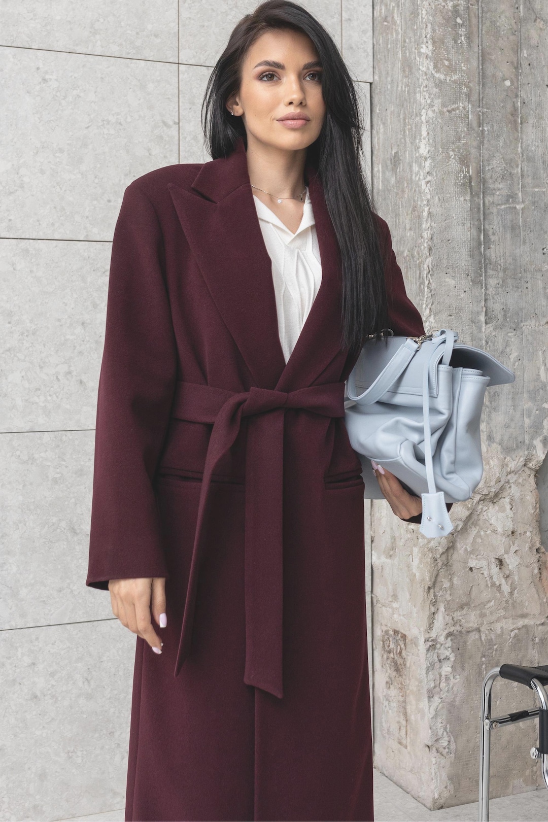 Burgundy Belted Wool Wrap Coat for Women With Notched Lapel - Etsy UK