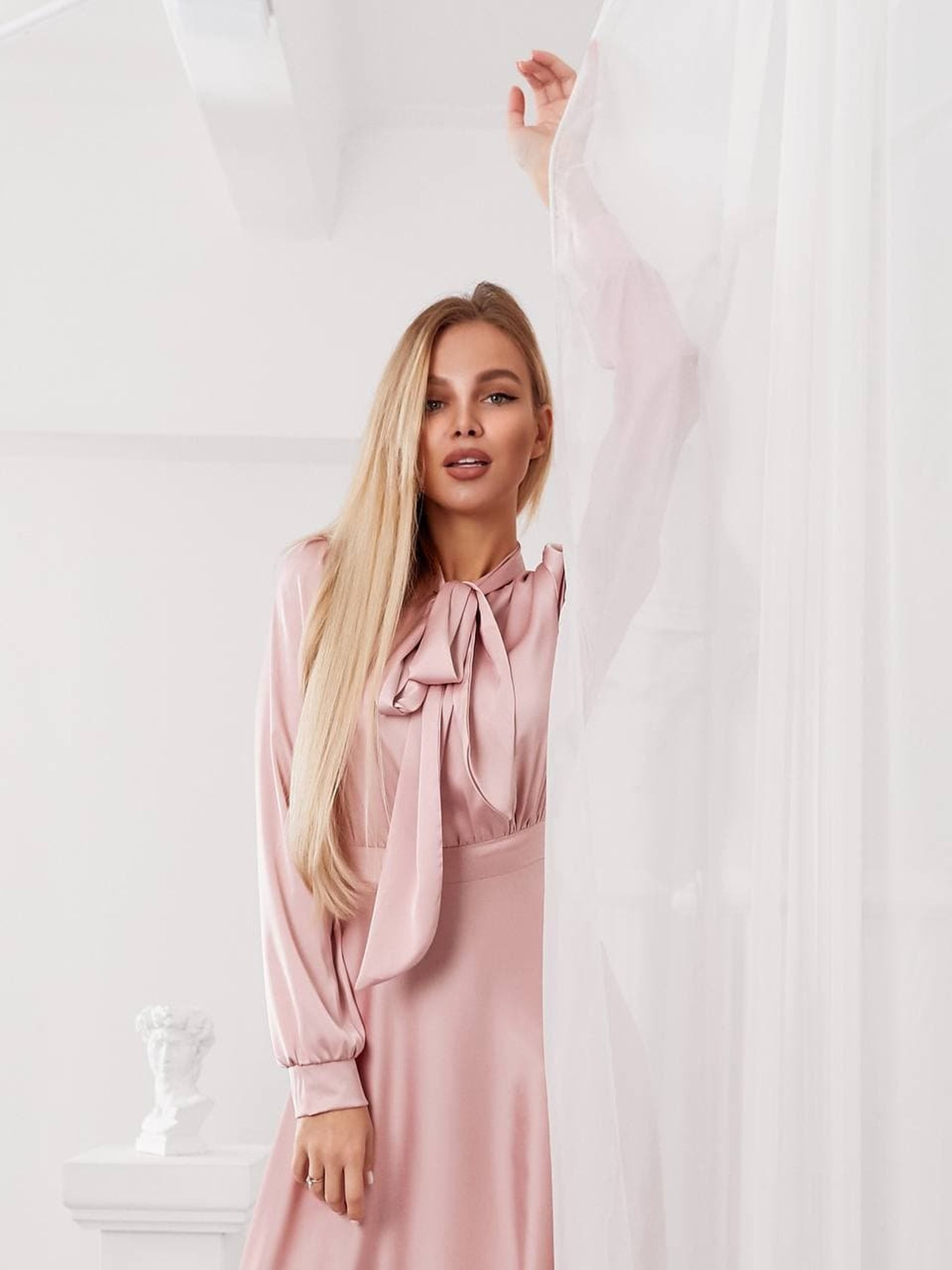 Dusty Pink Silk Midi Dress Silk Modest Dress for Women Light | Etsy