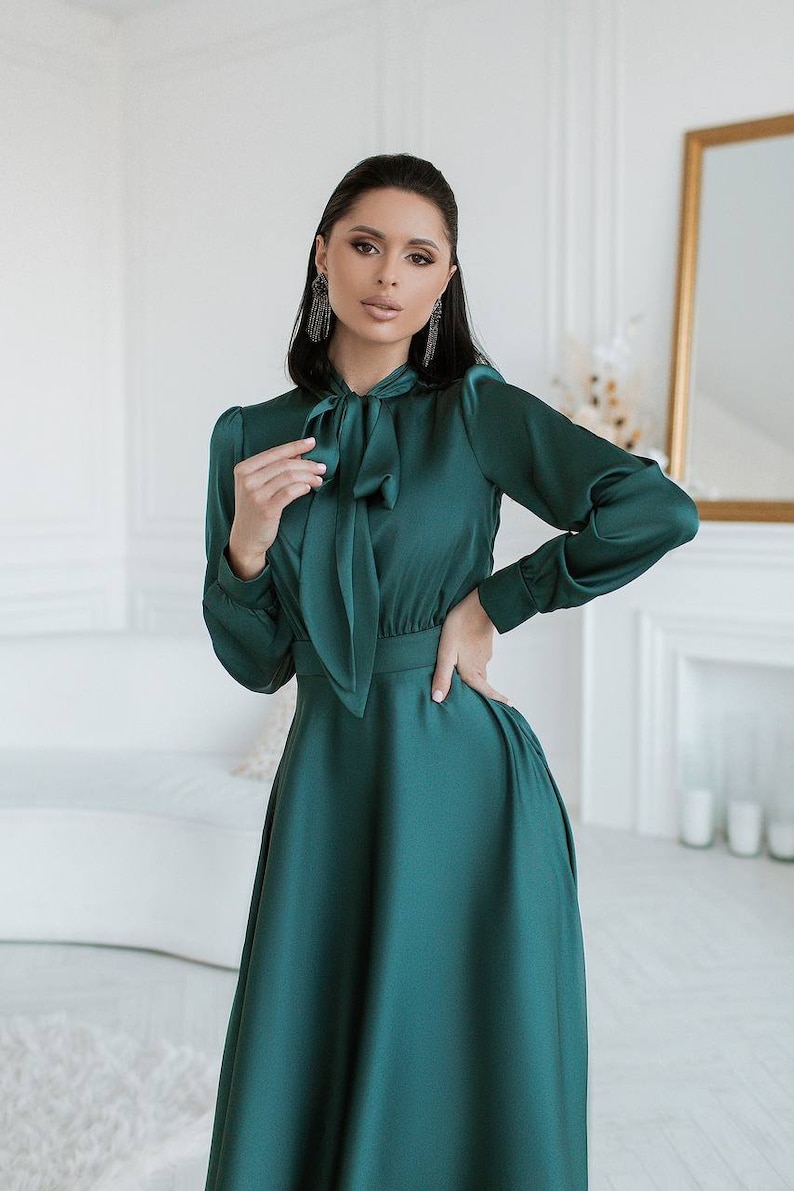 Emerald Green Silk Midi Dress Silk Modest Dress for Women - Etsy UK