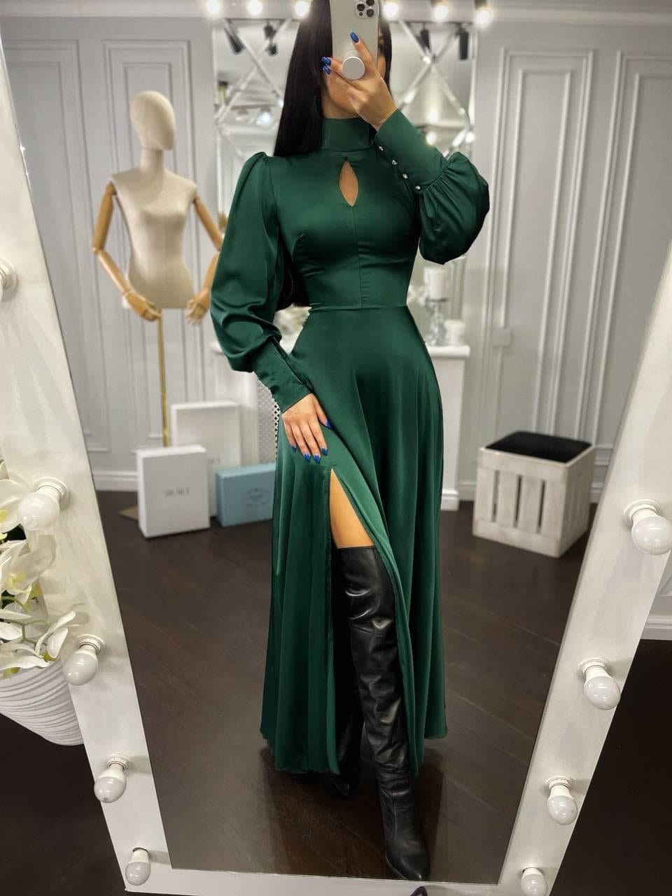 Emerald Green Silk Maxi Dress With Bishop Sleeves and Side - Etsy
