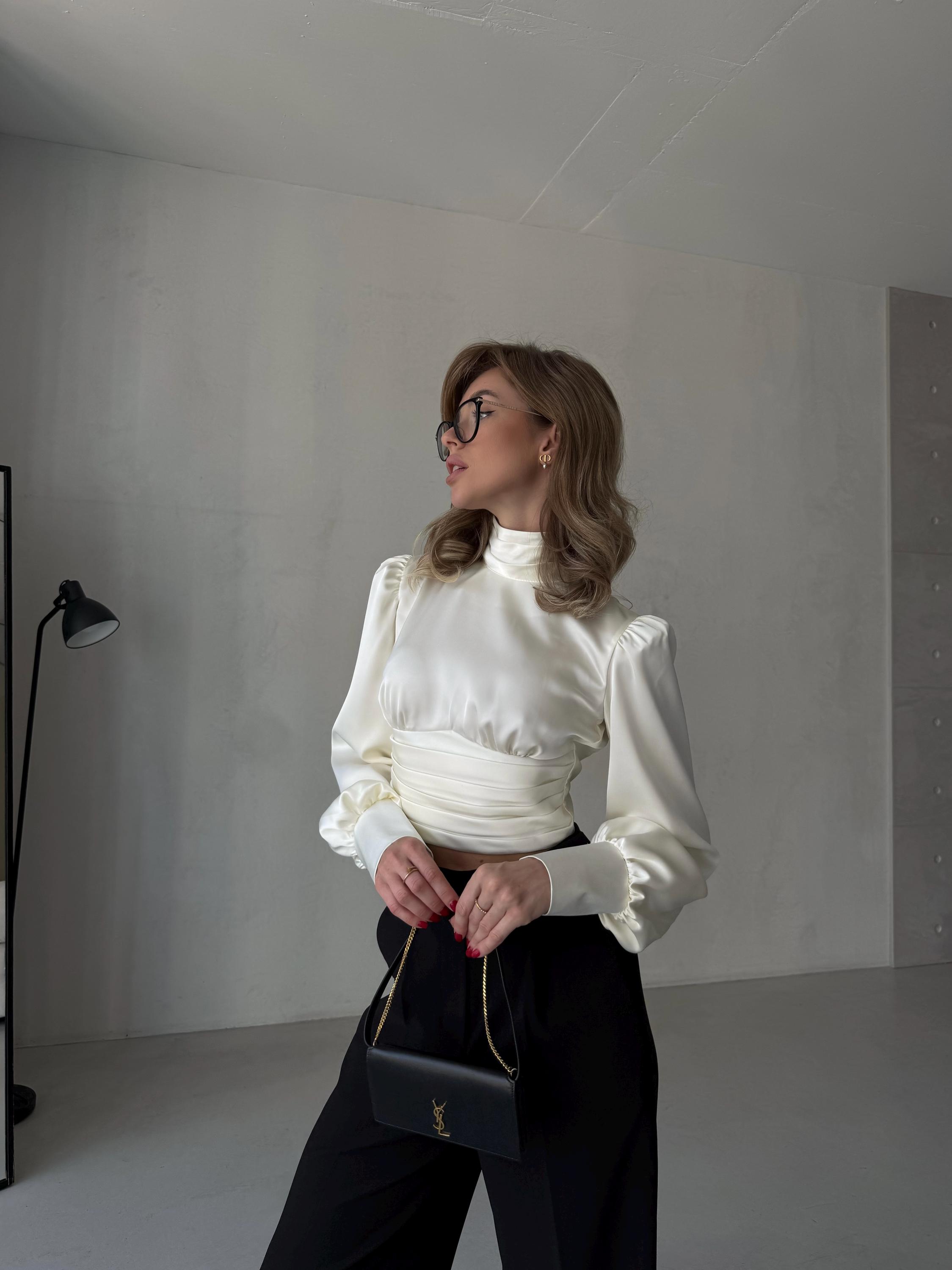 Ivory Silk Satin Open Back Midriff Blouse With Long Sleeves, Turtleneck ...