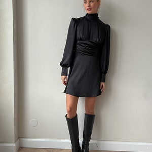 Black Silk Mini Dress With Long Sleeves and Open Back, Elegant Mini ...