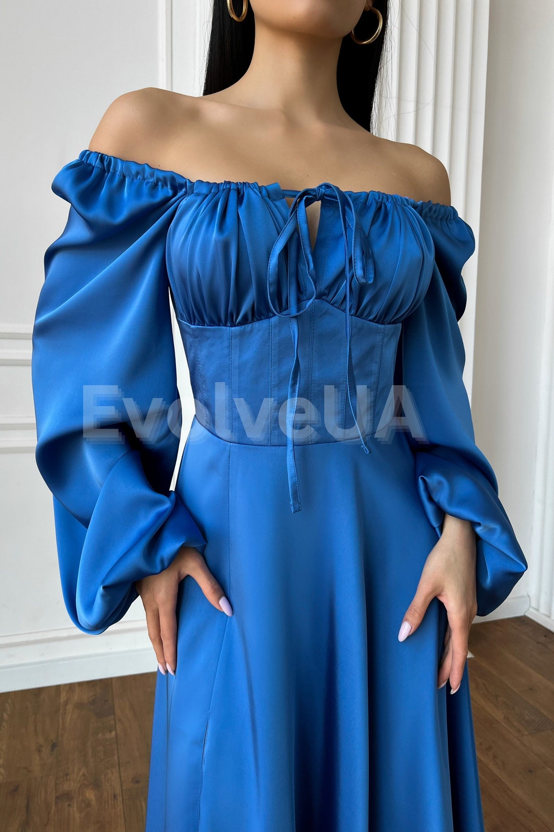 Dark Blue Silk Maxi Dress With Side Slit and Bishop Sleeves, Royal Blue ...