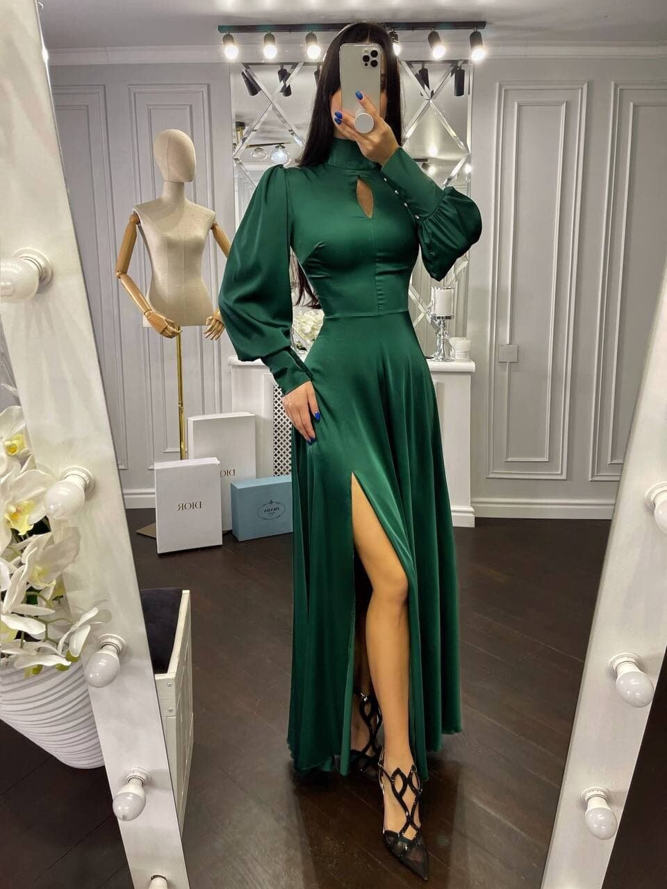 Emerald Green Silk Maxi Dress With Bishop Sleeves and Side - Etsy