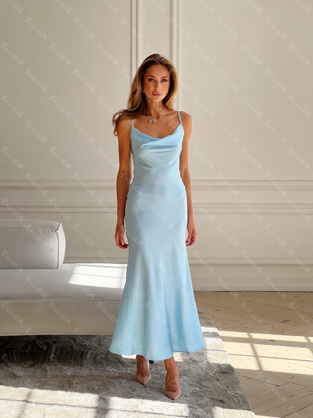 Light Blue Silk Slip Dress, Silk Slip Dress of Midi Length, Blue Cowl ...