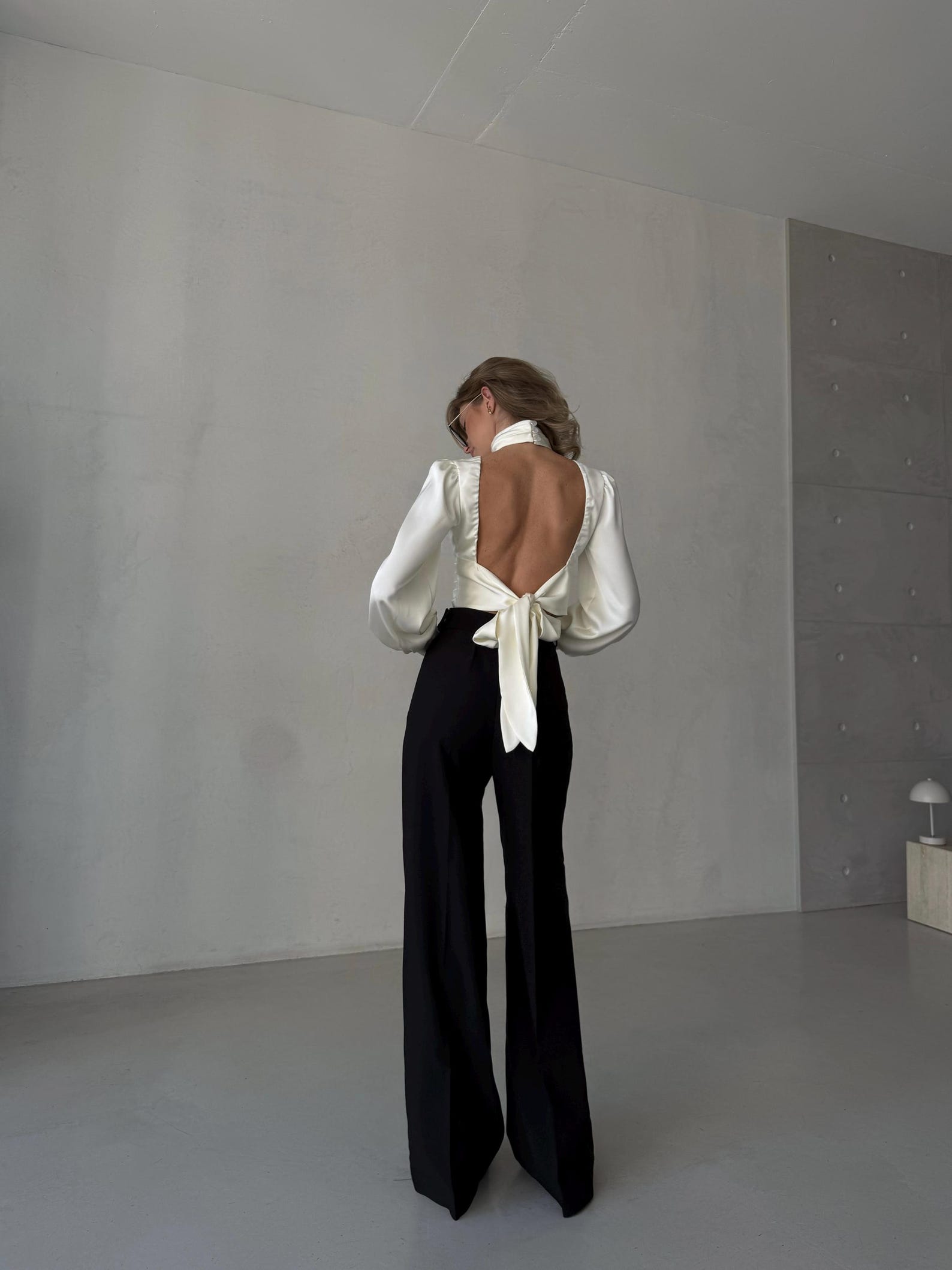 Ivory Silk Satin Open Back Midriff Blouse With Long Sleeves, Turtleneck ...