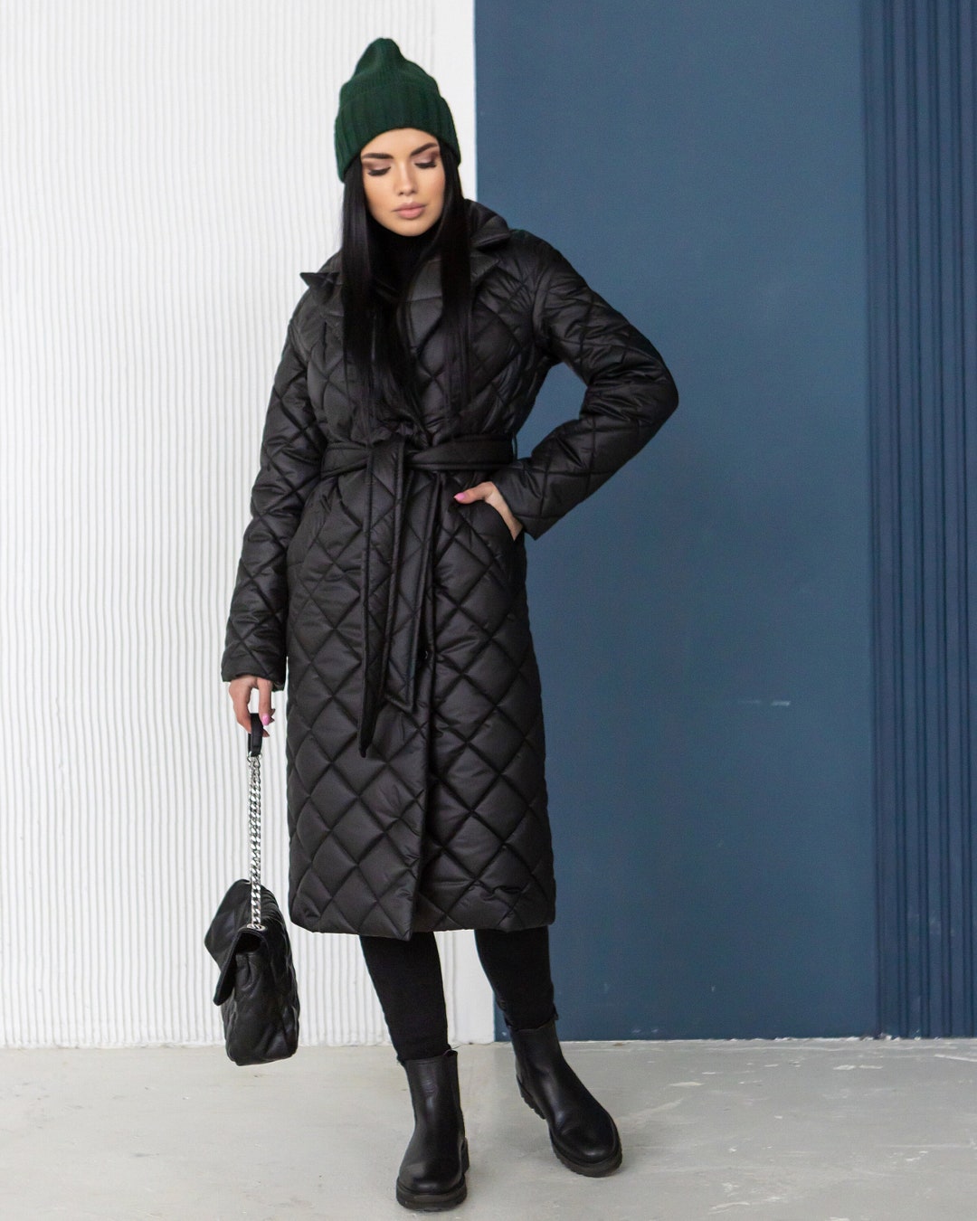 Black Wrap Puffer Coat for Women, Black Quilted Puffer Coat Spring ...