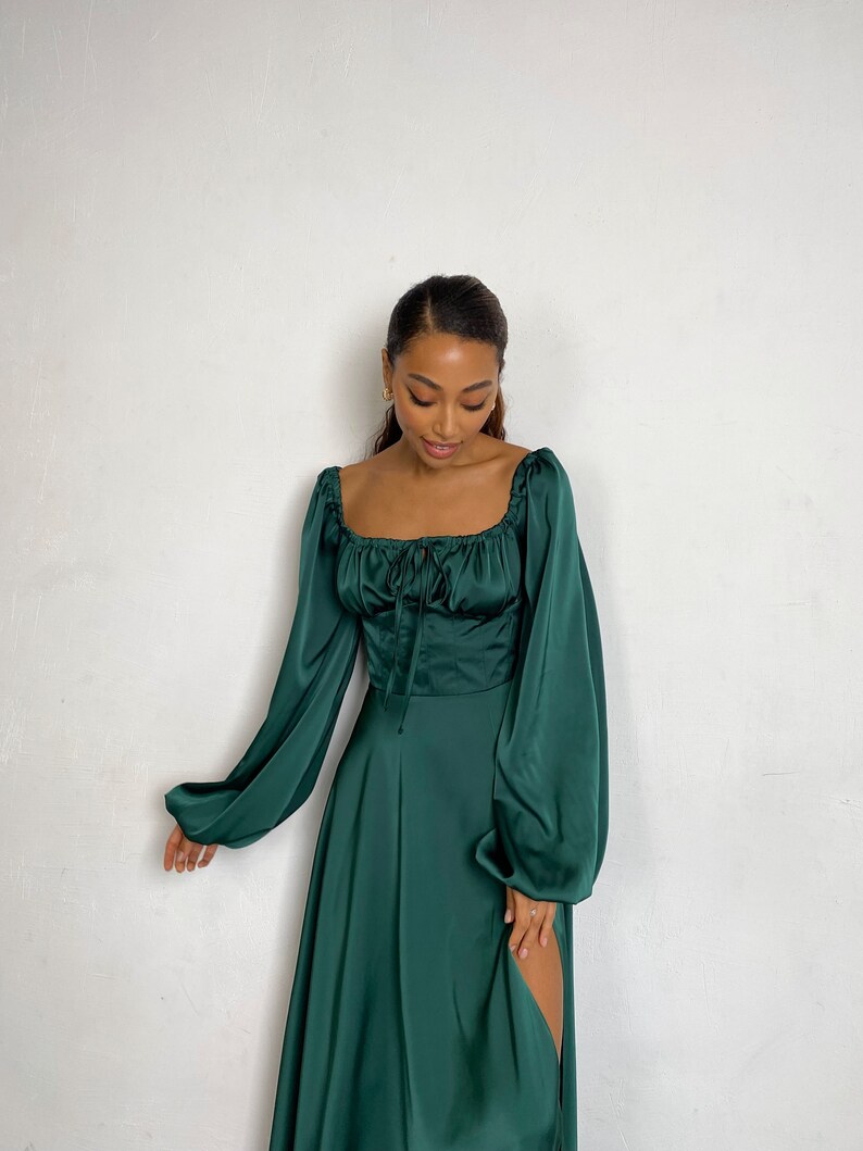 Emerald Green Silk Maxi Dress With Side Slit and Bishop - Etsy