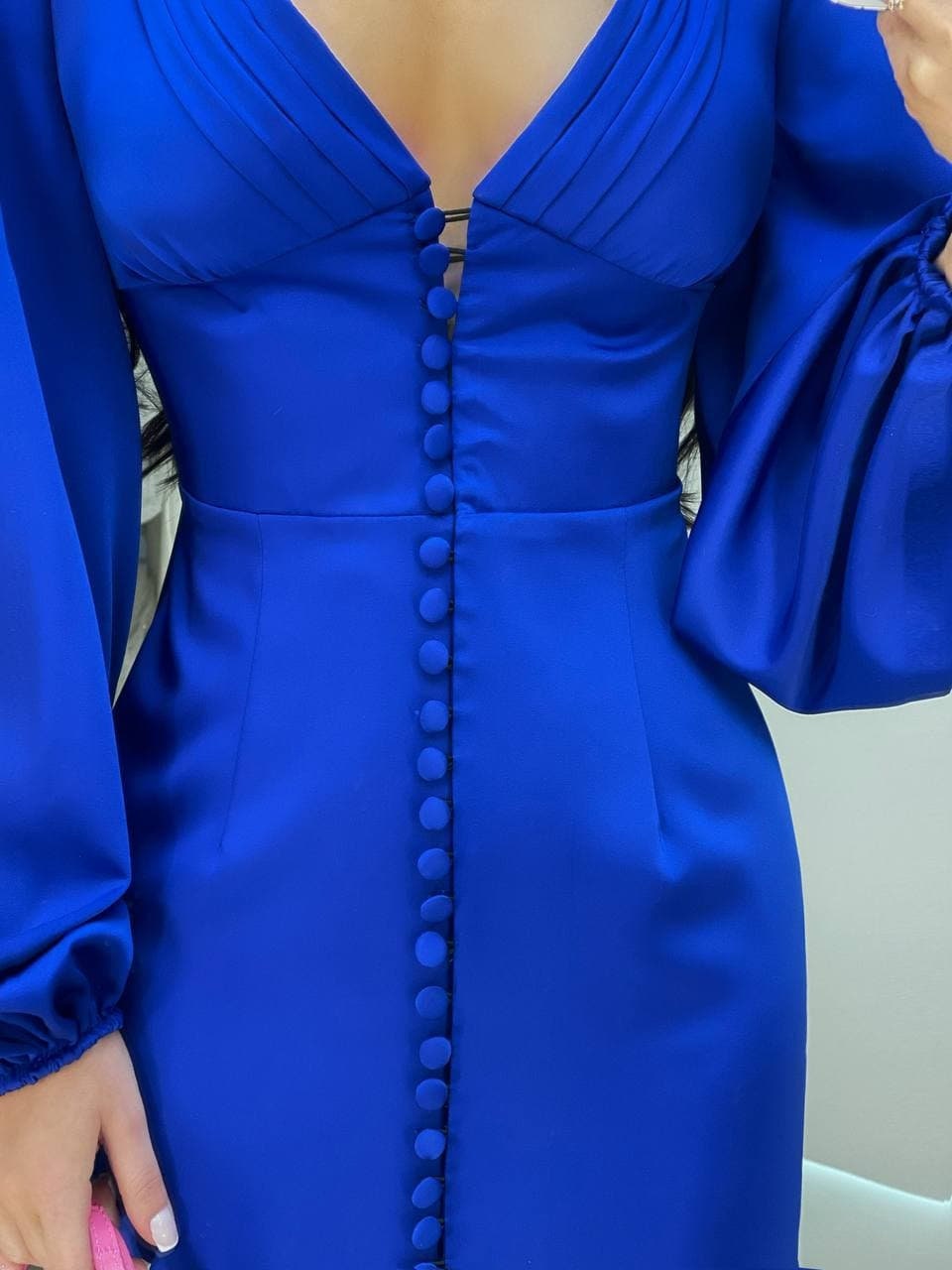 Electric Blue Satin Midi Bodycon Dress With Front Buttons and - Etsy