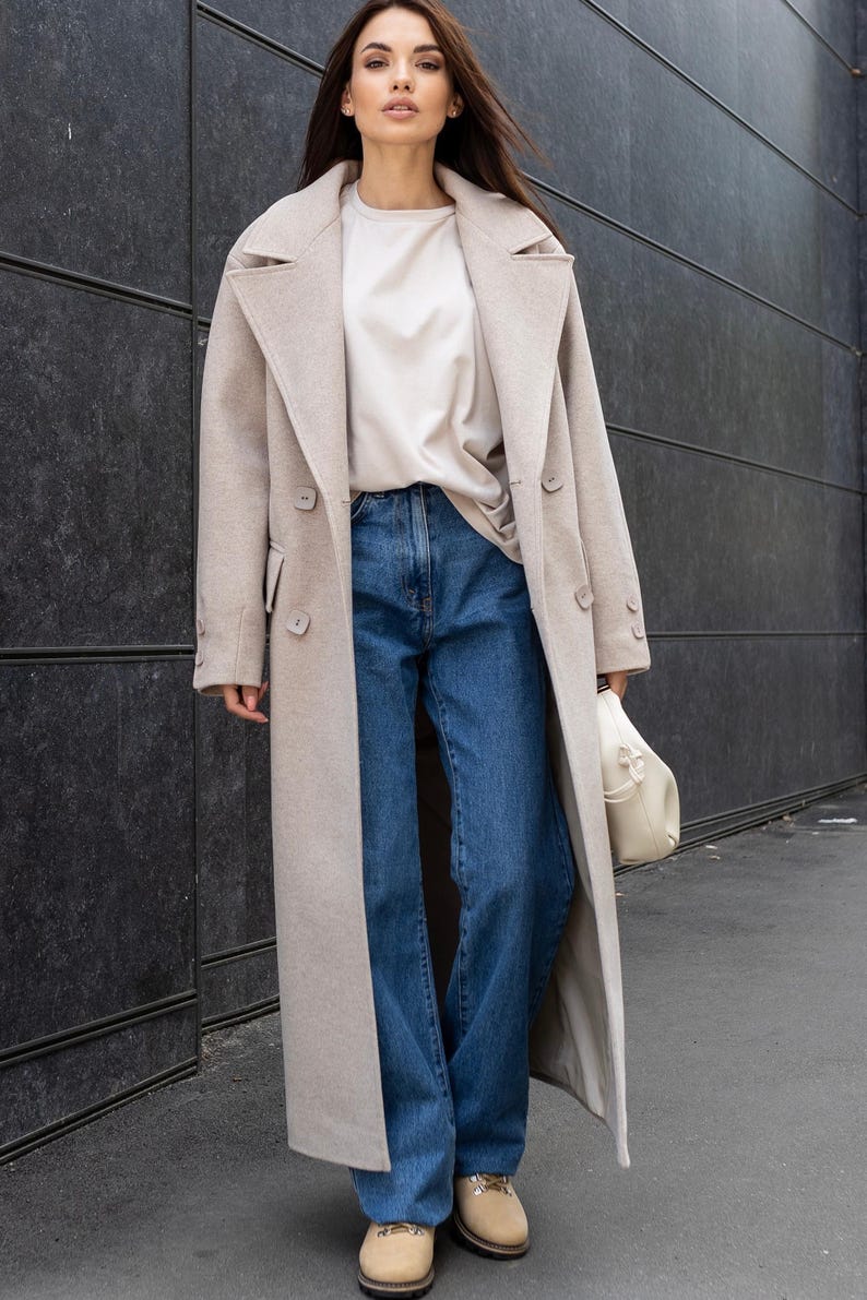 Oatmeal Wool Buttoned and Belted Long Coat With Scarf for Women Spring ...