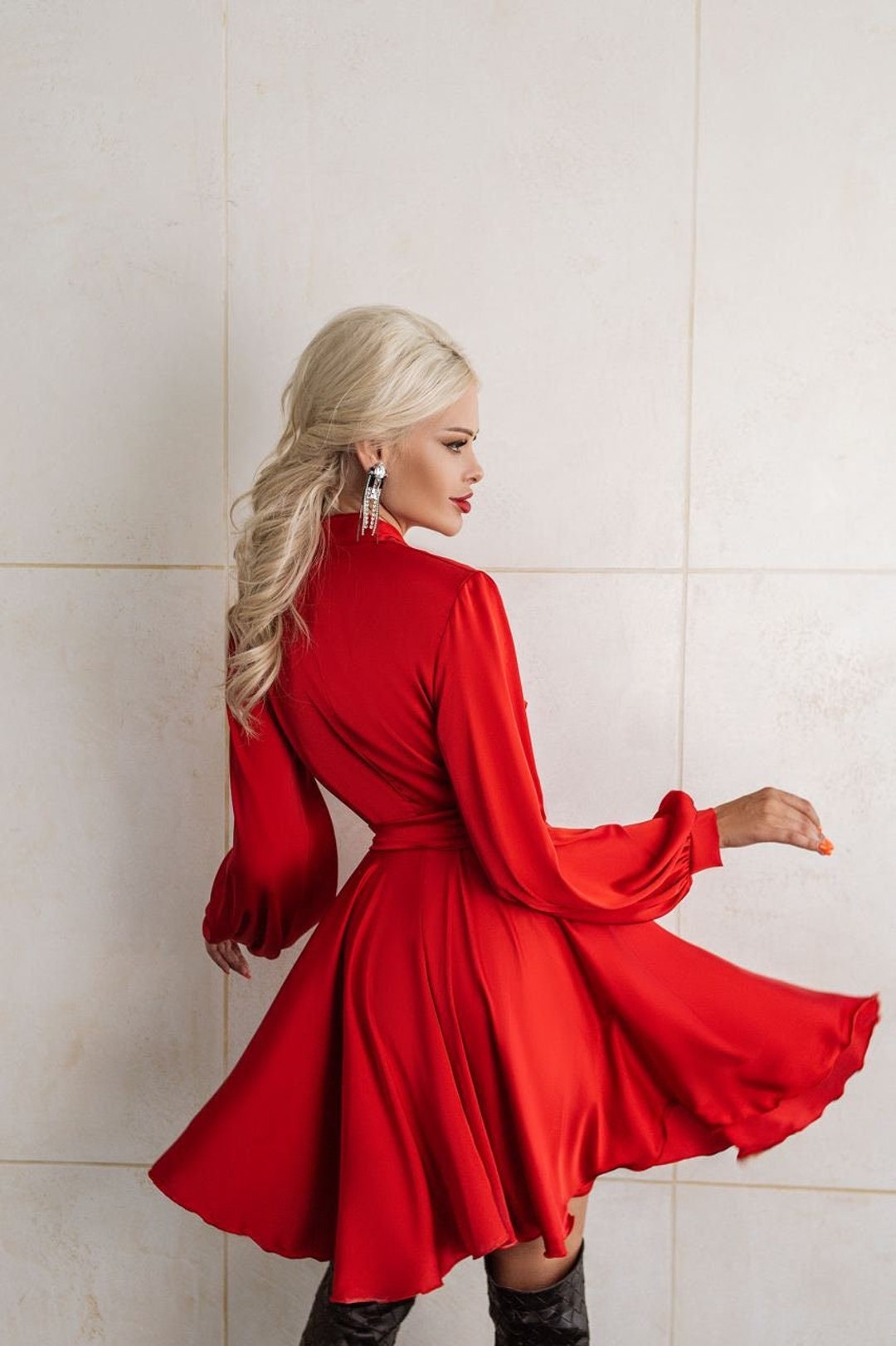 Red Silk Wrap Mini Dress, Special Occasion Silk Dress Wedding Guest ...