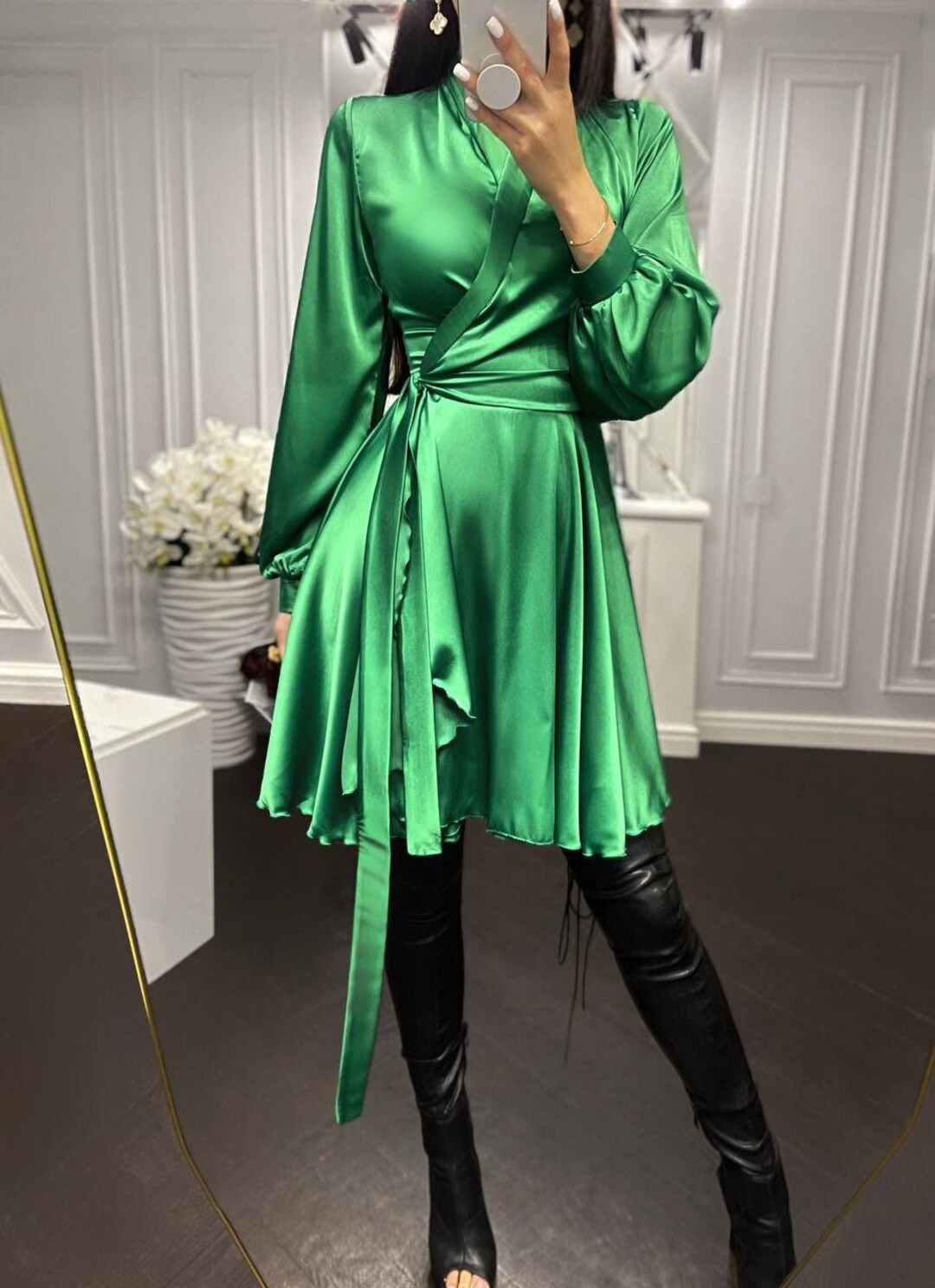 Bright Green Silk Mini Wrap Dress for Women, Night Out Silk Mini Dress With Long Sleeves ...