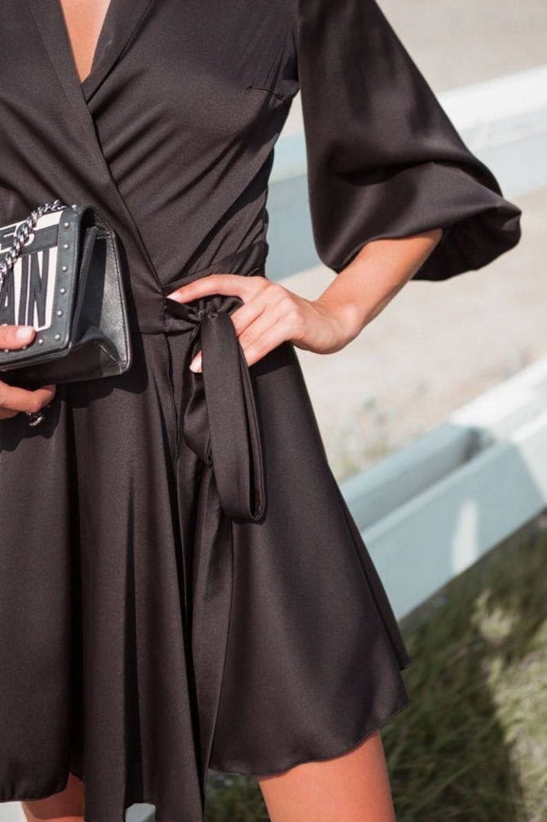 Black Silk Wrap Dress of Mini Length for Women Silk Wrap - Etsy