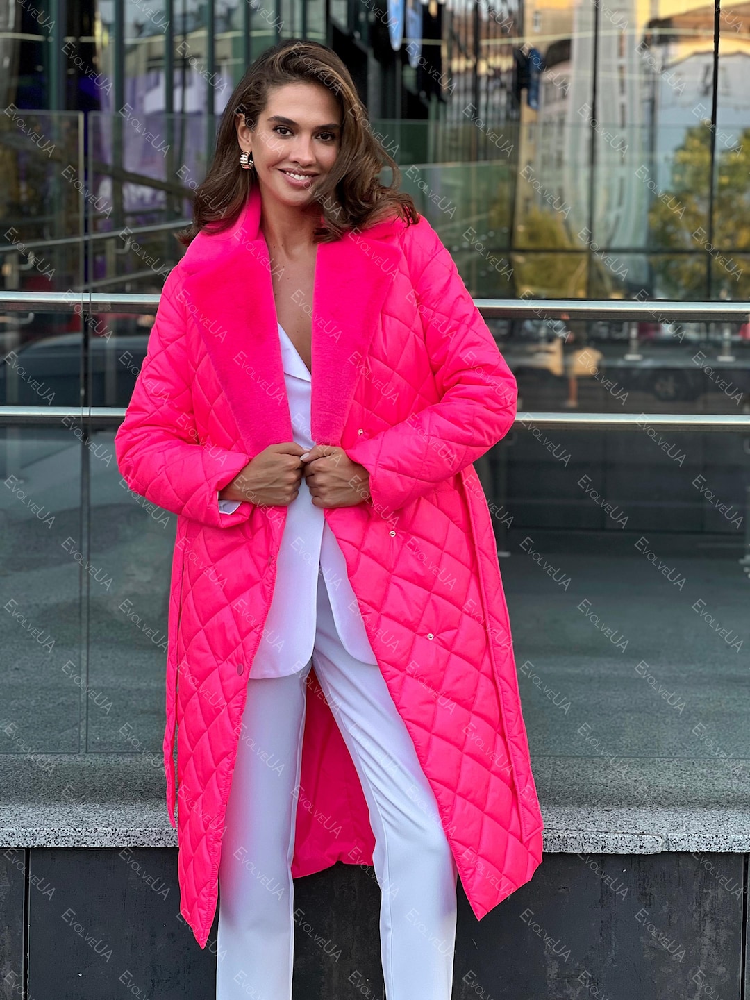 Hot Pink Wrap Puffer Coat for Women, Hot Pink Quilted Coat for Winter ...