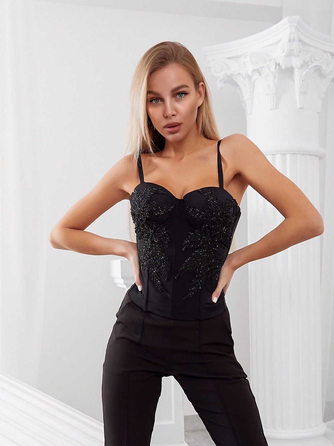 Black Corset Top With Beaded Flowers And Shoulder Straps Etsy 7808