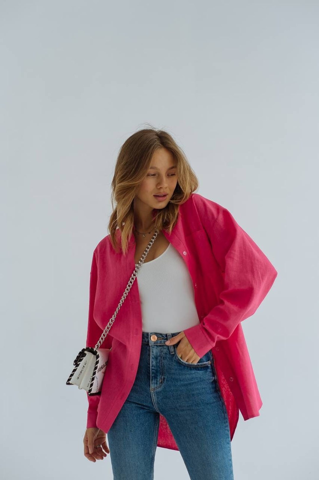 Hot Pink Linen Shirt for Women Oversized, Natural Linen Top With Long ...
