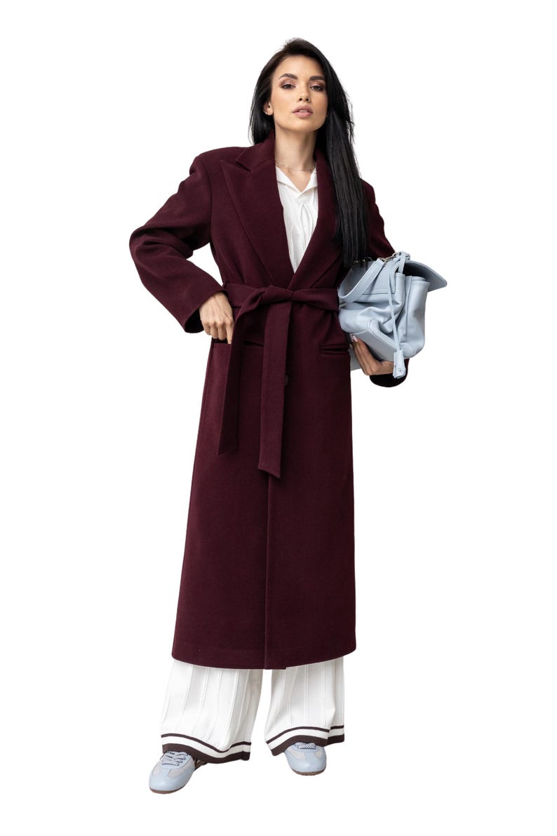 Burgundy Belted Wool Wrap Coat for Women With Notched Lapel - Etsy UK