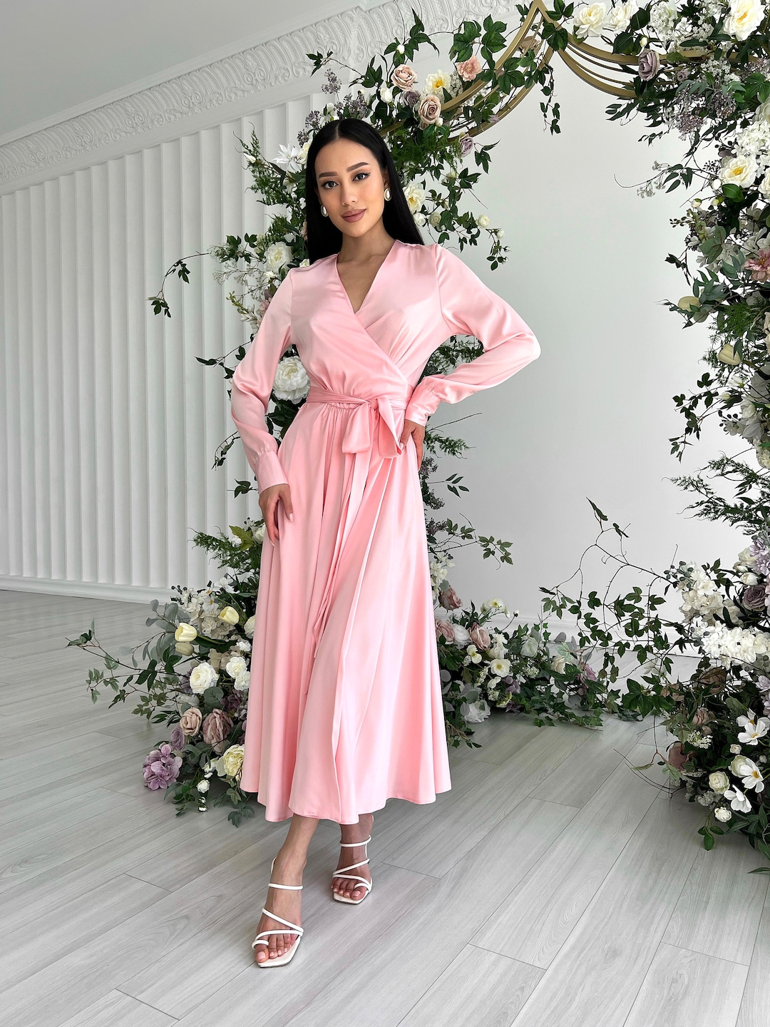 Light Pink Silk Wrap Midi Dress With Long Sleeves, Blush Pink Silk Midi ...