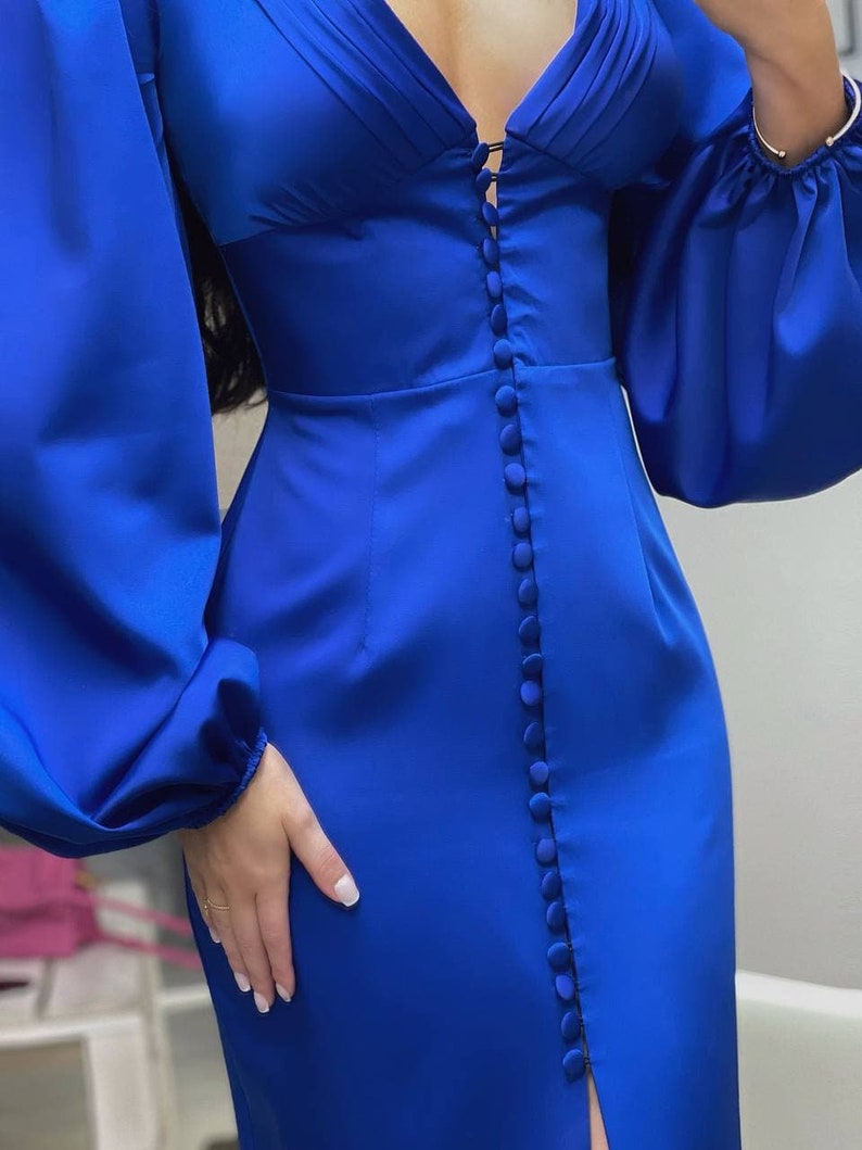 Electric Blue Satin Midi Bodycon Dress With Front Buttons and - Etsy