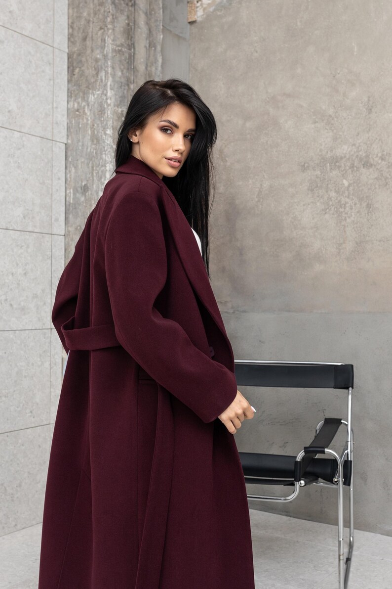 Burgundy Belted Wool Wrap Coat for Women With Notched Lapel - Etsy UK
