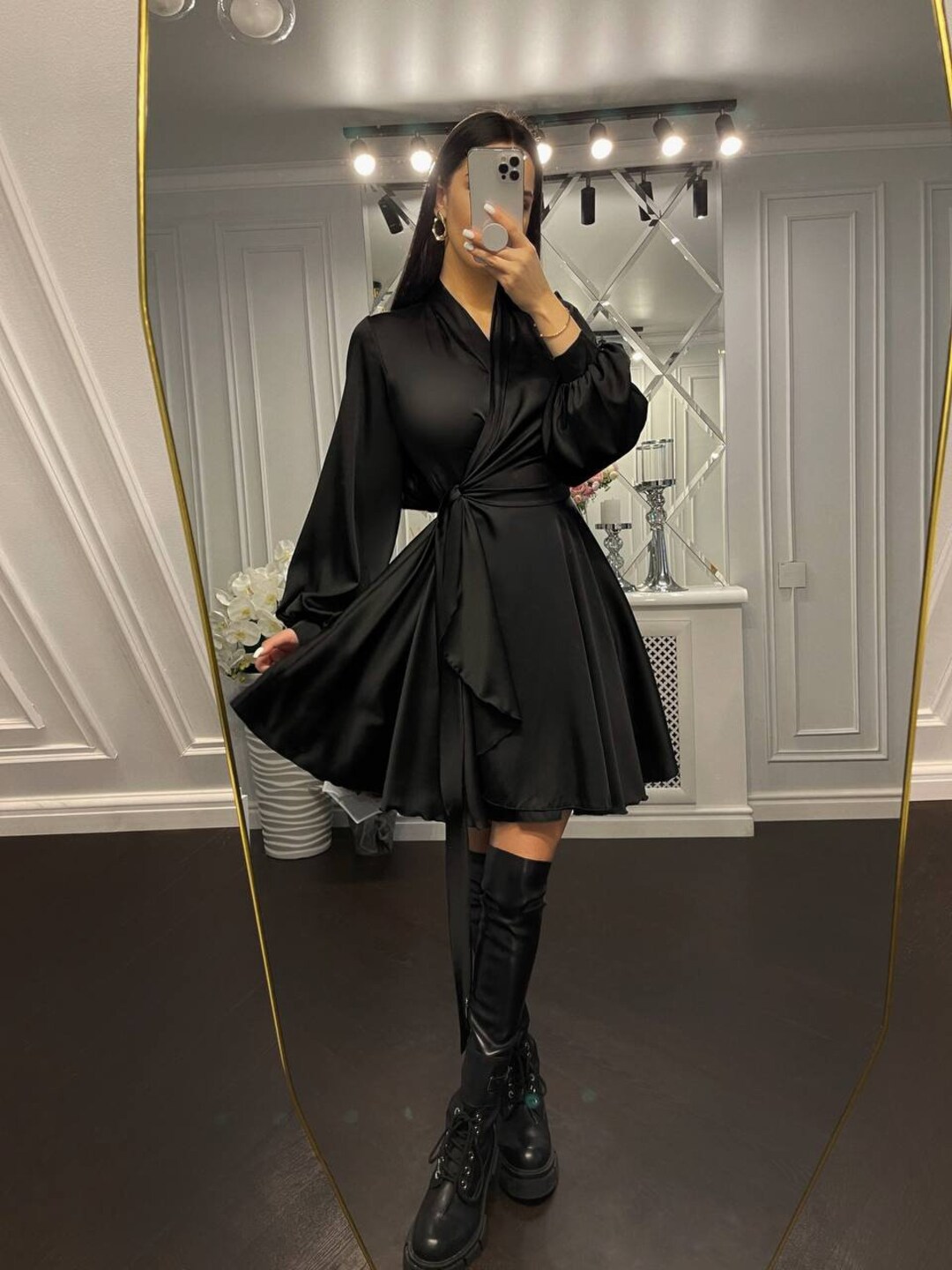 Black Silk Wrap Mini Dress, Wedding Guest Silk Dress, Black Silk Wrap ...