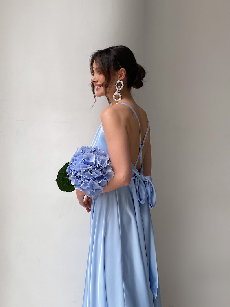 Light Blue Silk Midi Dress Without Sleeves Silk Open Back - Etsy