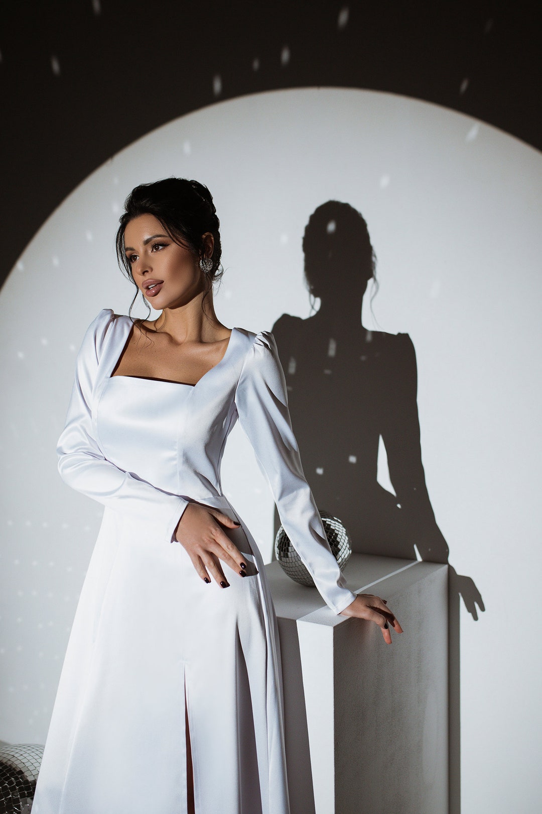 Silk Maxi Dress With Long Sleeves and Side Slit, White Silk Dress for ...