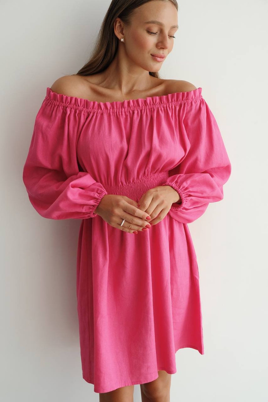 Hot Pink Linen Midi Dress Off-the-shoulder Pink Linen - Etsy