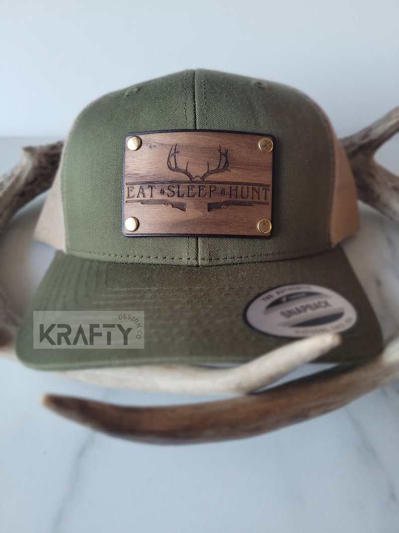 Premium Leather With Wood Riveted eat, Sleep, Hunt Design Patch Trucker ...