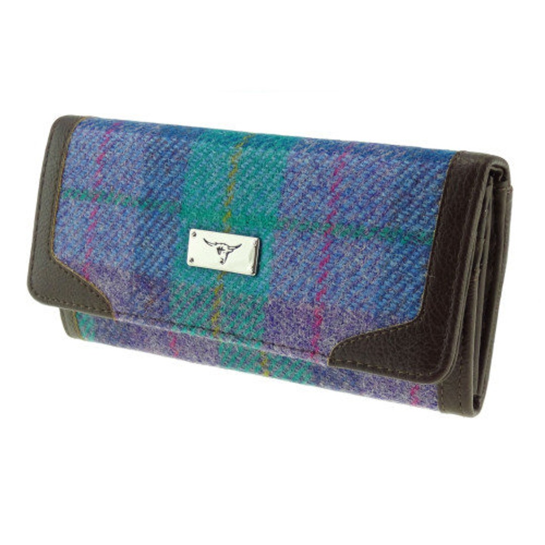 HARRIS TWEED Bute Long Purse in Green and Purple Tartan , Woven in ...