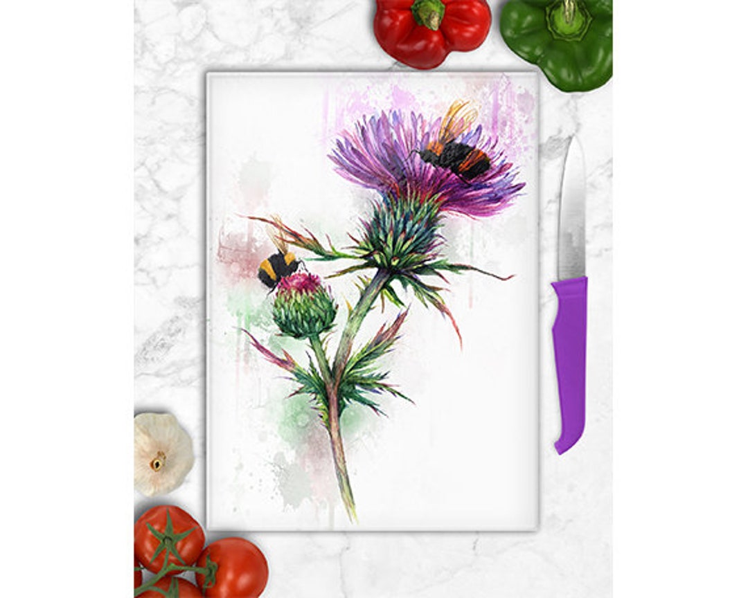 Water Colours Scottish Thistle Glass Chopping Board, Worktop Saver, Pan ...