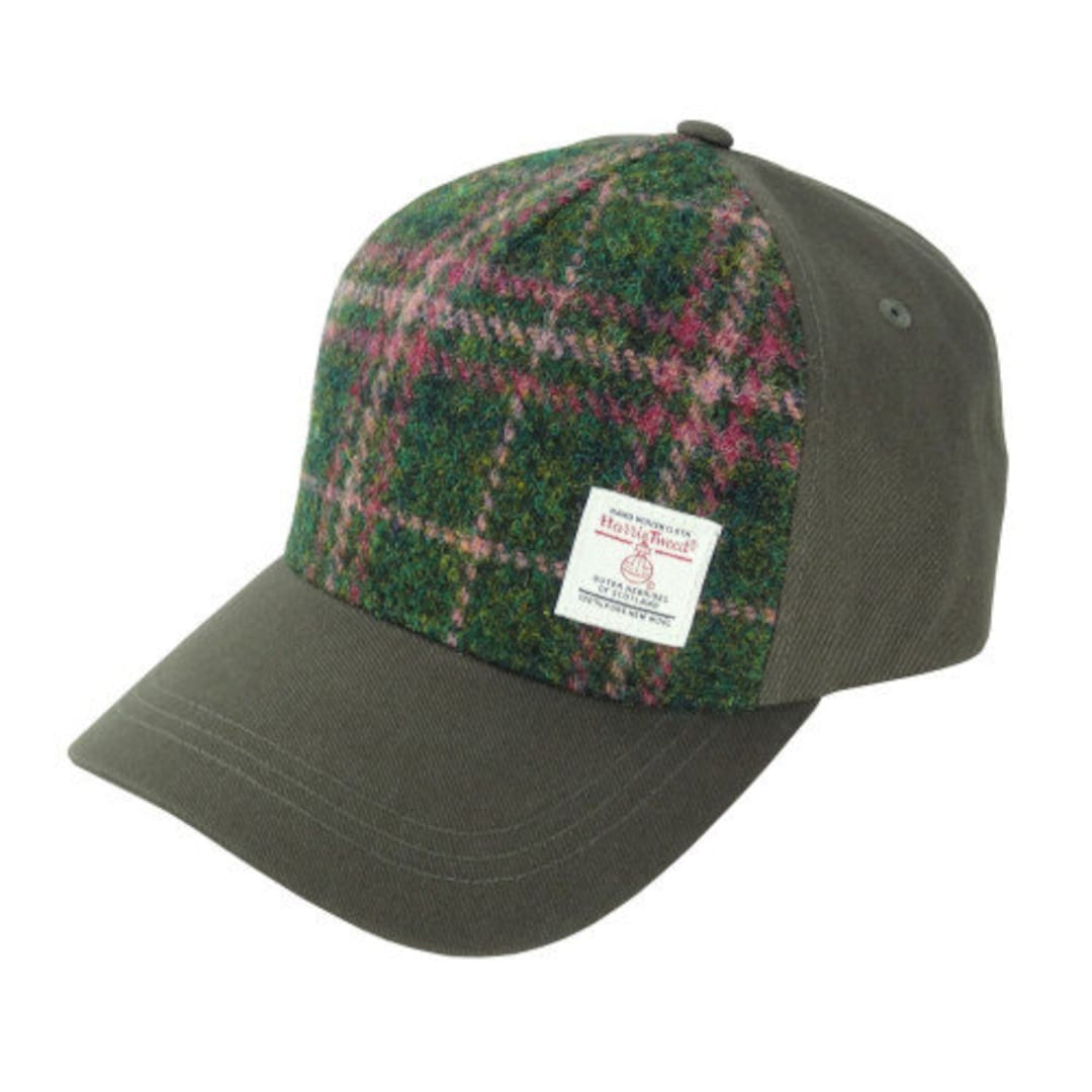 Harris Tweed Baseball Cap in Green With Plum Overcheck Genuine 100% ...